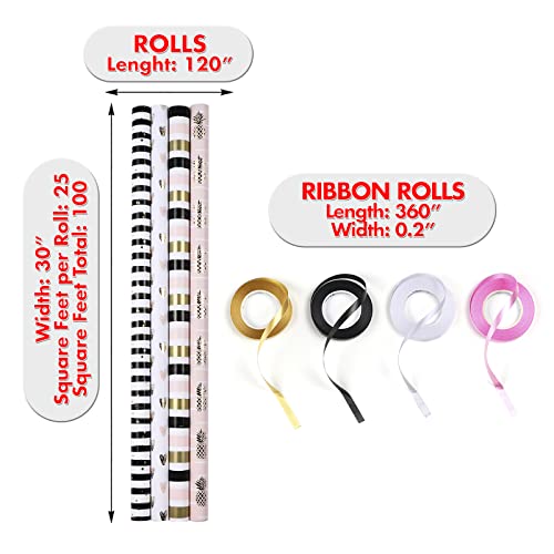 Packanewly Wrapping Paper Roll Set with Cutline on Reverse for All Occasion - Pink Gold White, Black Stripe, Fruit Pineapple Gift Wrap paper Bundle(4 Pack, 100 sq. ft. ttl.) - 30 x 120 Inch Each Roll