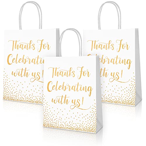 Queekay 80 Pcs Gold Wedding Welcome Bags for Hotel Guests Bulk Thanks for Celebrating with Us Paper Bags Gold Foil Kraft Paper Bags with Handles for Wedding, Baby Shower, Birthday (10 x 8 x 3 Inch)