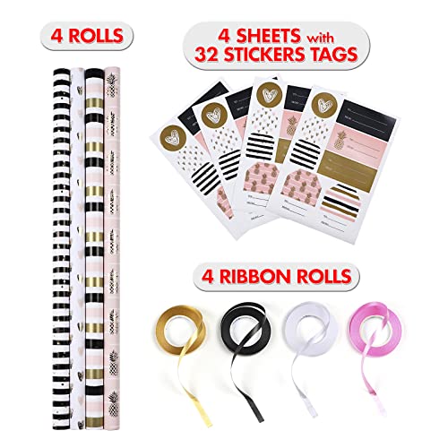 Packanewly Wrapping Paper Roll Set with Cutline on Reverse for All Occasion - Pink Gold White, Black Stripe, Fruit Pineapple Gift Wrap paper Bundle(4 Pack, 100 sq. ft. ttl.) - 30 x 120 Inch Each Roll