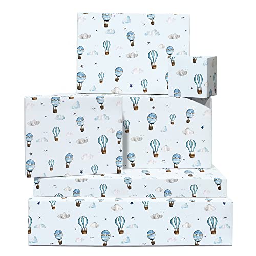 Blue Wrapping Paper for Kids - 6 Sheets of Gift Wrap with Tags - Hot Air Balloon - Girls & Boys Wrapping Paper - For Birthday or Baby Shower - Comes with Stickers - Central 23