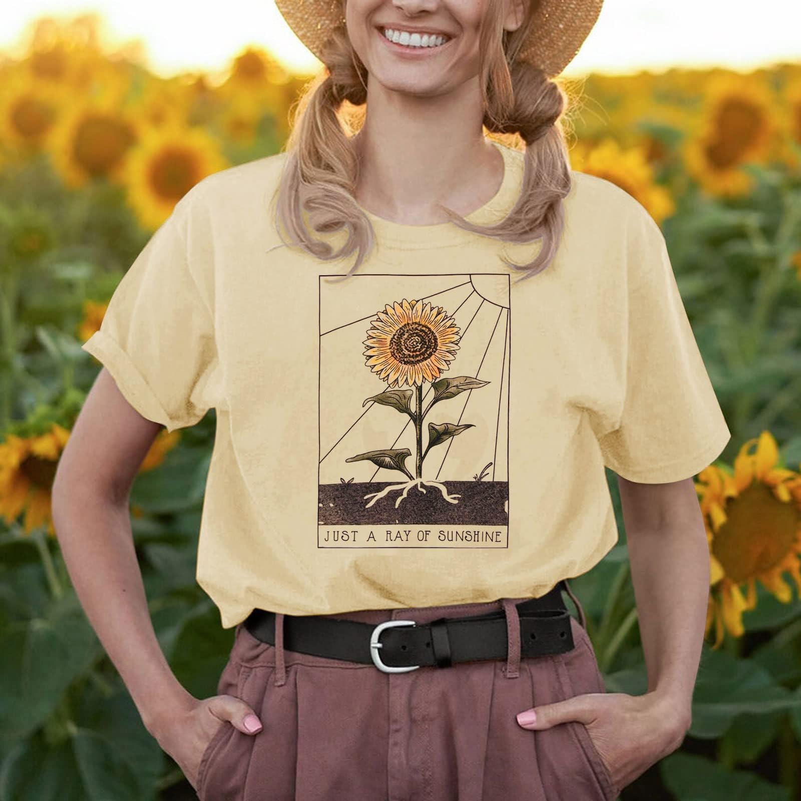 Anbech Women Sunflower Just Ray of The Sunshine Shirt Cute Graphic Summer Tops for Teens (S, Cream)