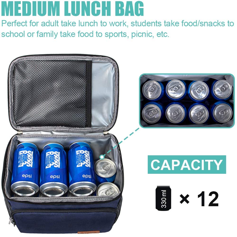 Tiblue Insulated Lunch Bag for Women/Men, Reusable Lunch Box for Office Work School Picnic Beach, Leakproof Freezable Cooler Bag with Adjustable Shoulder Strap for Kids/Adult(Medium, Navy Blue)