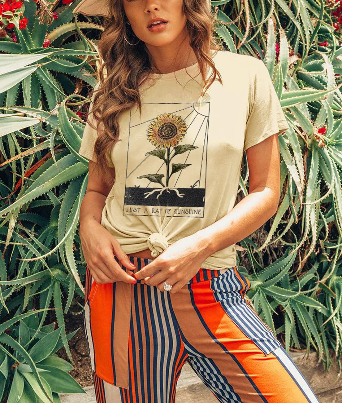 Anbech Women Sunflower Just Ray of The Sunshine Shirt Cute Graphic Summer Tops for Teens (S, Cream)