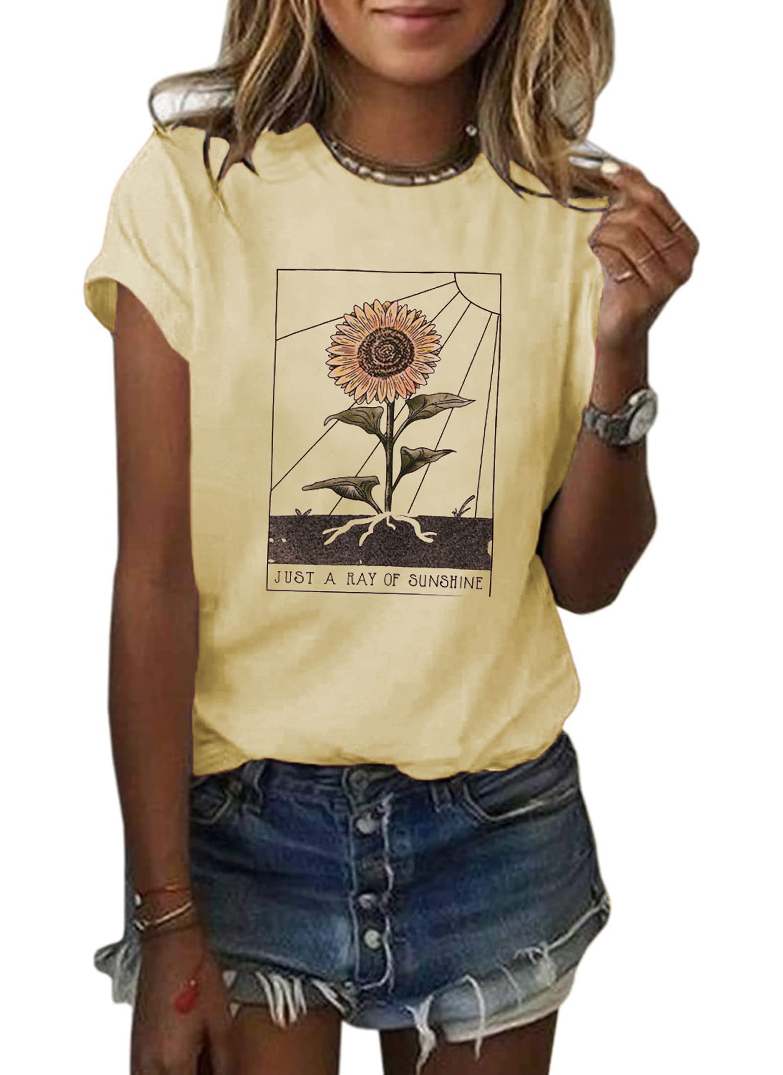 Anbech Women Sunflower Just Ray of The Sunshine Shirt Cute Graphic Summer Tops for Teens (S, Cream)