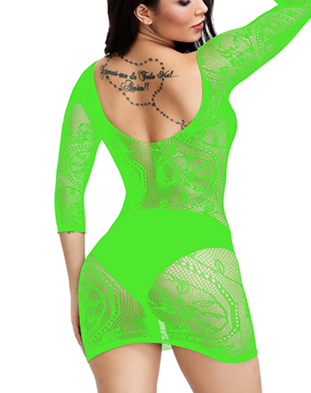 Woosifun Women Fishnet Lingerie Sleepwear Loong Pattern Mesh Babydoll Mini Dress Free Size Bodysuit One Piece Green