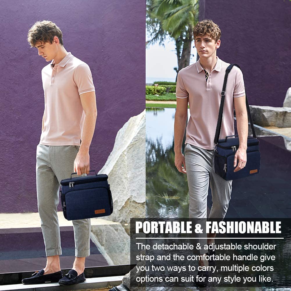 Tiblue Insulated Lunch Bag for Women/Men, Reusable Lunch Box for Office Work School Picnic Beach, Leakproof Freezable Cooler Bag with Adjustable Shoulder Strap for Kids/Adult(Medium, Navy Blue)