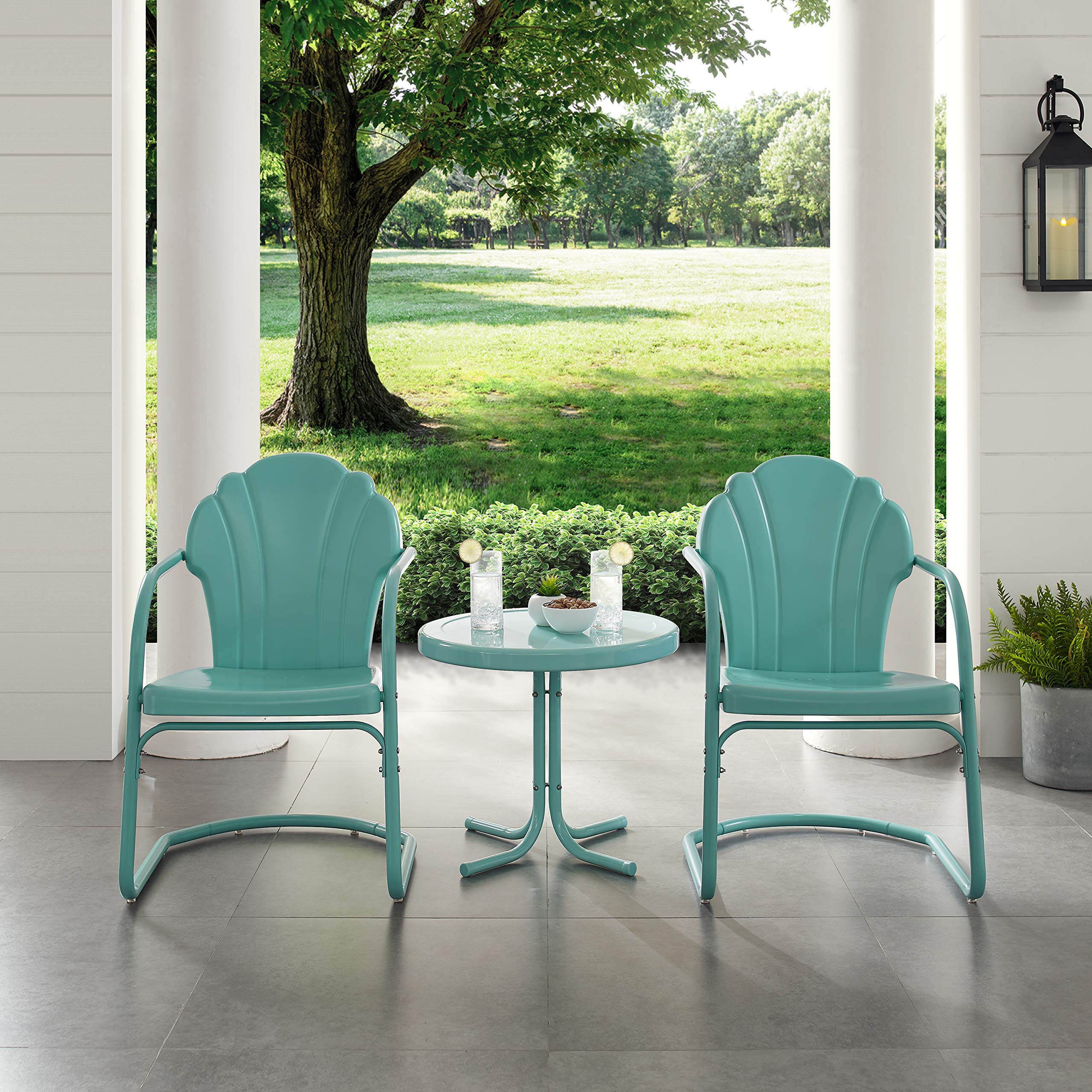 Crosley Furniture Tulip 3-Piece Outdoor Chair and Side Table Set, Retro Metal Patio Conversation Sets, Blue