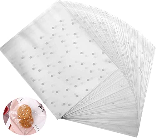 Lifelum Cookie Bags 200 Pcs 4″ x 4 ″Self Adhesive Cookie Bags Cellophane Treat Bags Self Sealing Clear Plastic Bags White Polka Dot Party Favor Bag for Party Gift Giving Bakery Candy Cookie Chocolate