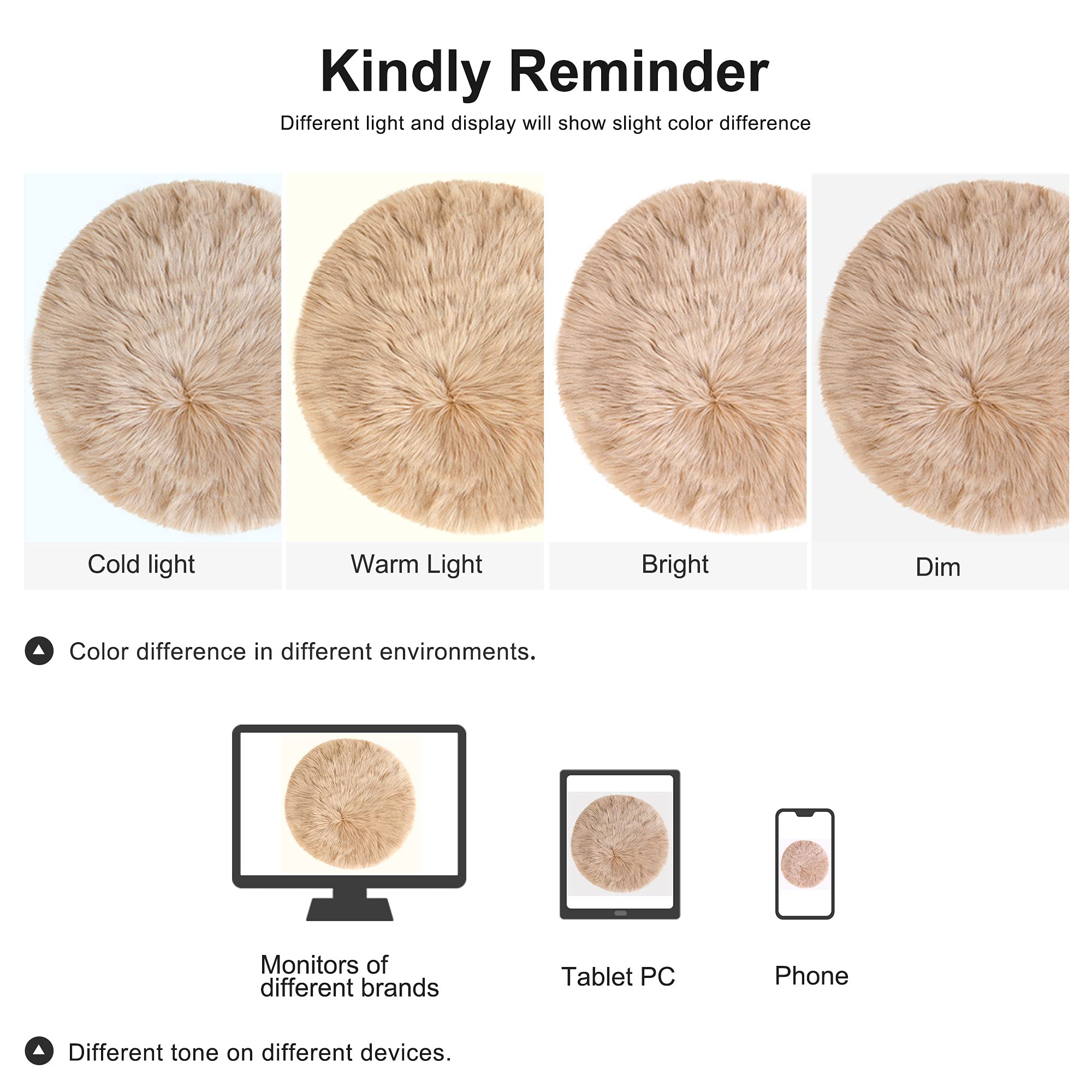 uxcell Faux Fur Round Rug,Fluffy Area Mat,Fluff Rugs for Bedroom Floor Sofa Living Room 2 x 2 Feet Khaki
