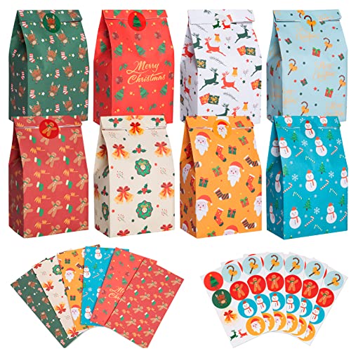 DECORLIFE Christmas Treat Bags, 48 PCS Christmas Paper Bags with Stickers, Party Favor Bags for Kids, Assorted Xmas Goody Bags in 8 Designs for Holiday Gift-giving