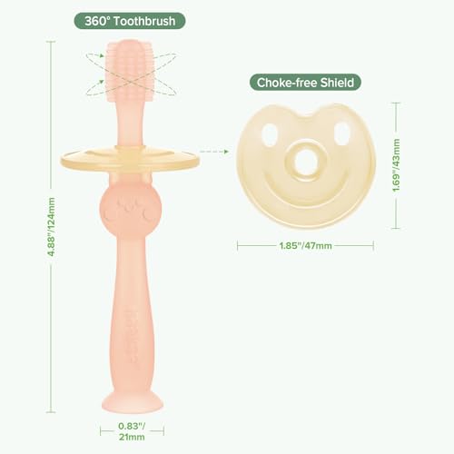haakaa Infant Toothbrush, Easy to Hold 360° Baby Toothbrush, Train 6month+ Infants Babies and Toddlers for Oral Hygiene, Teether Effect for Sore Gums, 1pc (Pink)