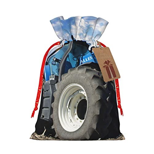 Farm Tractorchristmas Drawstring Gift Bag, Linen Drawstring Gift Bag, Reusable Drawstring Gift Bag, Used For Christmas, Birthday, Wedding Supplies
