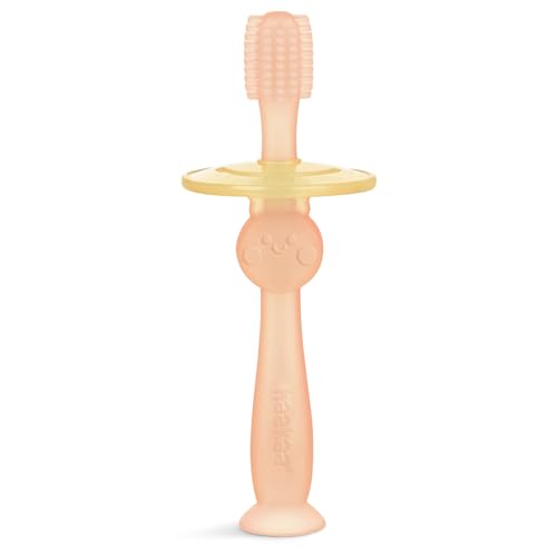 haakaa Infant Toothbrush, Easy to Hold 360° Baby Toothbrush, Train 6month+ Infants Babies and Toddlers for Oral Hygiene, Teether Effect for Sore Gums, 1pc (Pink)