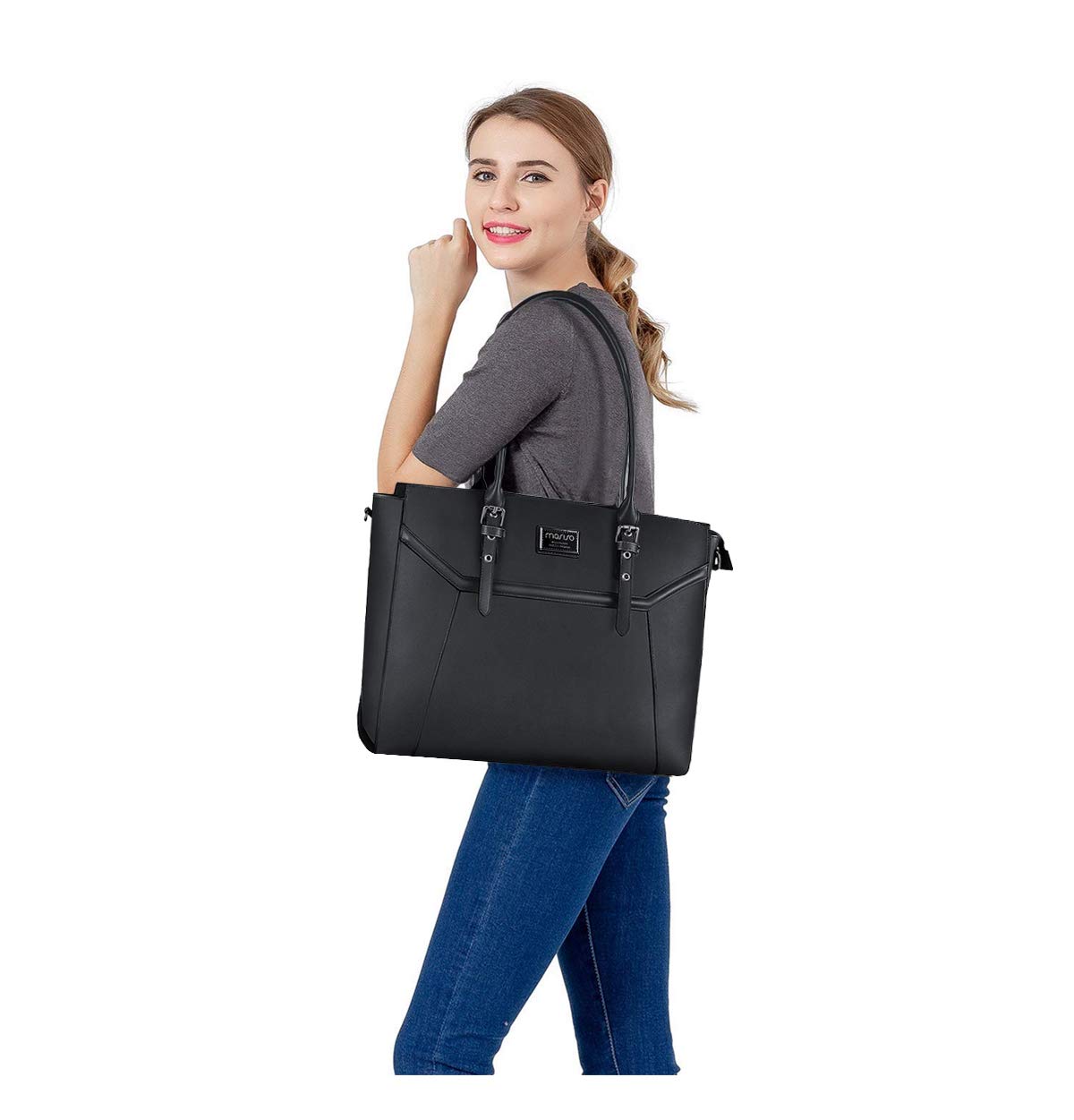 MOSISO 17 inch Women Laptop Tote Bag with Shockproof Compartment, Black