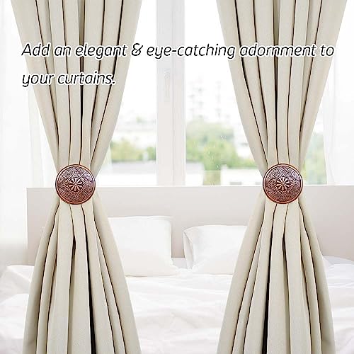 Vineland Retro Metal Magnetic Curtain Tie Back, 2 Pack Decorative Flower Metallic Boho Holder for Curtains Drape, Rustic Home Decoration (Brown)