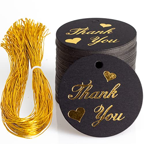 Thank You Tags,100pcs Black Round Paper Gift Wrap Hang Tags with String for Wedding Baby Shower Birthday Party Favors