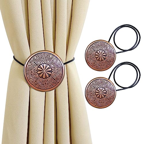 Vineland Retro Metal Magnetic Curtain Tie Back, 2 Pack Decorative Flower Metallic Boho Holder for Curtains Drape, Rustic Home Decoration (Brown)