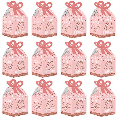 Big Dot of Happiness 10th Pink Rose Gold Birthday - Square Favor Gift Boxes - Happy Birthday Party Bow Boxes - Set of 12