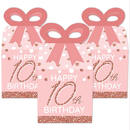 Big Dot of Happiness 10th Pink Rose Gold Birthday - Square Favor Gift Boxes - Happy Birthday Party Bow Boxes - Set of 12