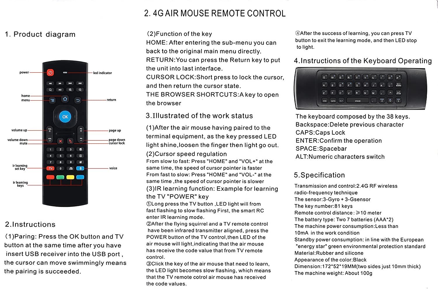 CHUNGHOP MX3 Voice Air Mouse Mini Keyboard Wireless Remote, 2.4G Multifunctional Fly Mouse with Motion Sensing Game Handle for 3-Gsensor HTPC Mini PC PS3/4 Xbox 360 and Android Smart TV Box 3-Gyro