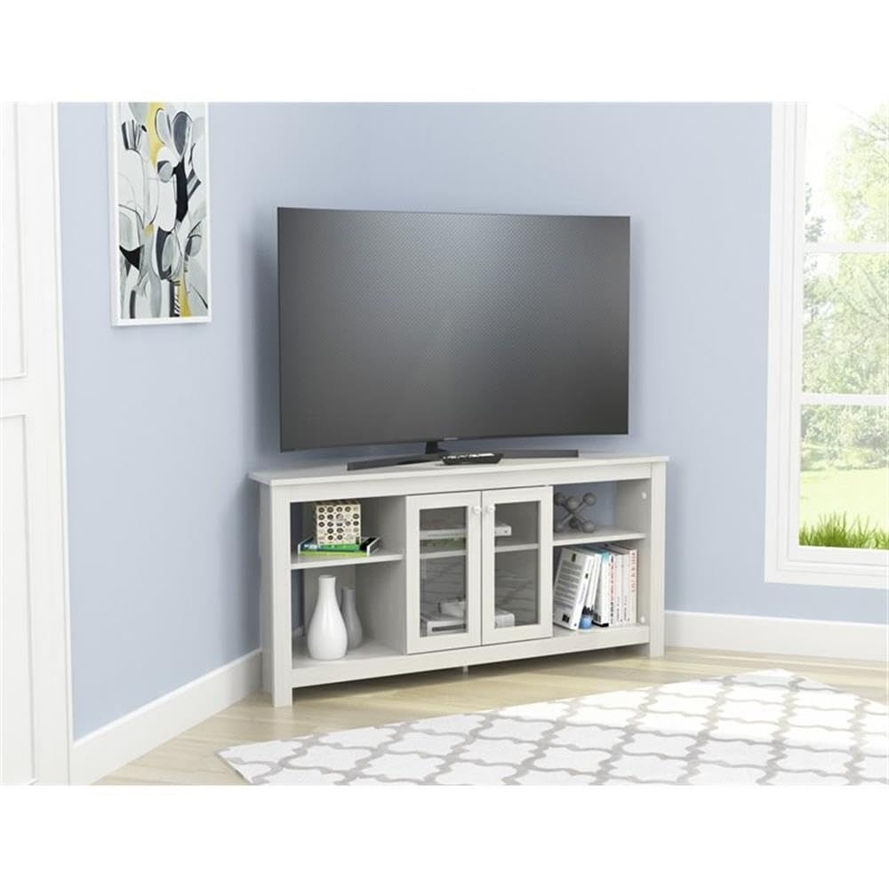 Inval, Adjustable Storage Shelves, Washed Oak Corner Stand for Flat Screen TVs Up to 60β, Entertainment Center with Glass Doors