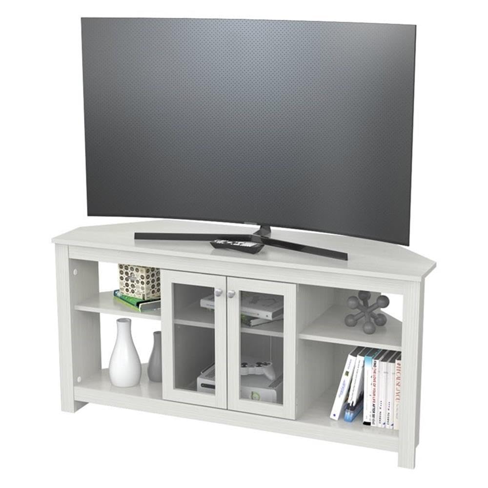 Inval, Adjustable Storage Shelves, Washed Oak Corner Stand for Flat Screen TVs Up to 60β, Entertainment Center with Glass Doors
