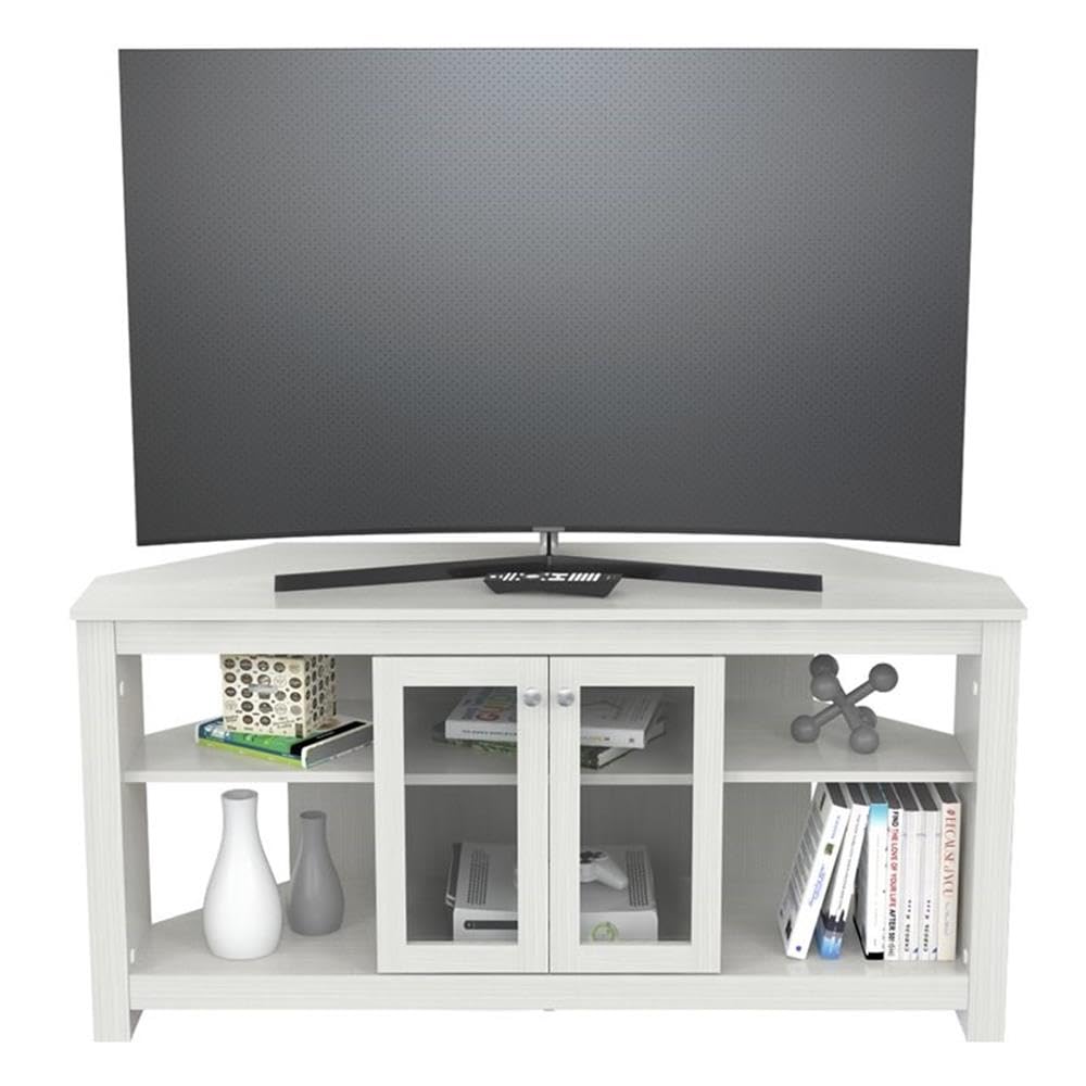 Inval, Adjustable Storage Shelves, Washed Oak Corner Stand for Flat Screen TVs Up to 60β, Entertainment Center with Glass Doors