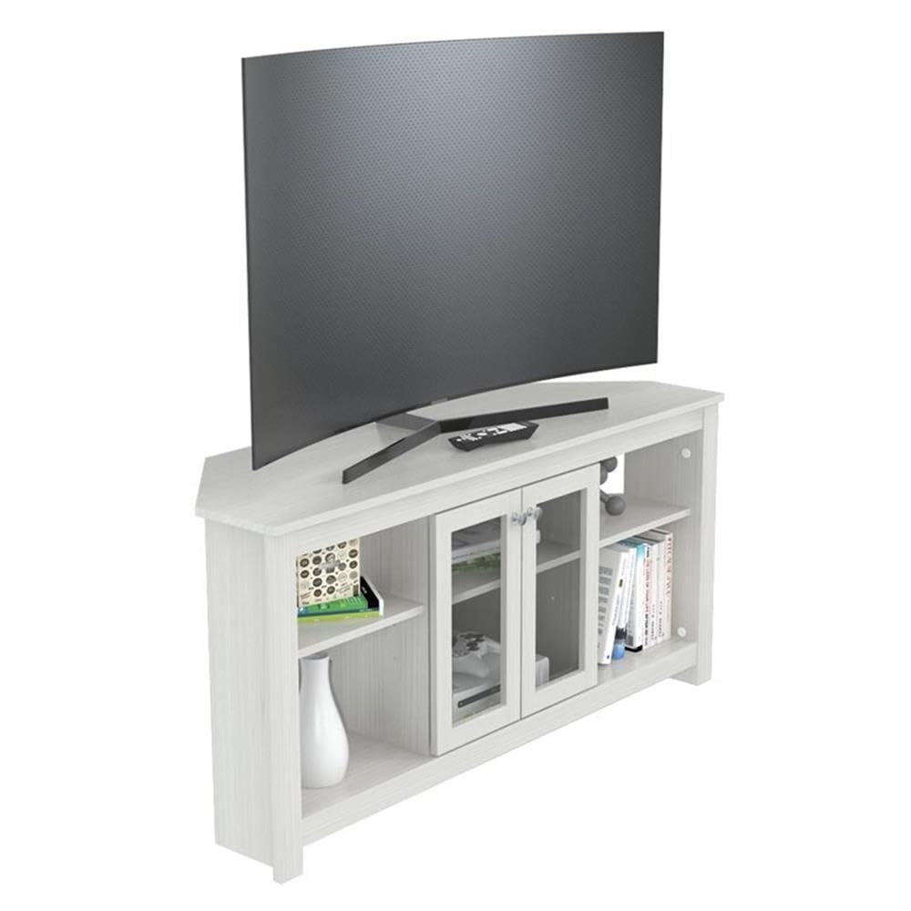 Inval, Adjustable Storage Shelves, Washed Oak Corner Stand for Flat Screen TVs Up to 60β, Entertainment Center with Glass Doors