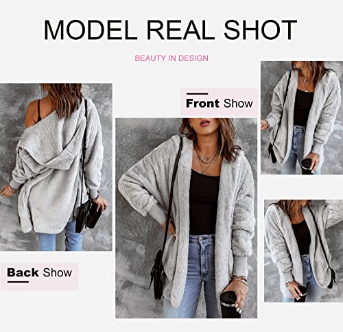 Dokotoo Grey Loose Oversized Fuzzy Fluffy Sherpa Winter Fleece Hoodies Cardigans Sweaters Jackets Coats Outerwear for Women Large