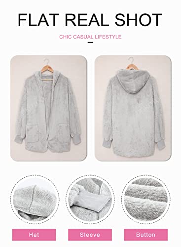 Dokotoo Grey Loose Oversized Fuzzy Fluffy Sherpa Winter Fleece Hoodies Cardigans Sweaters Jackets Coats Outerwear for Women Large