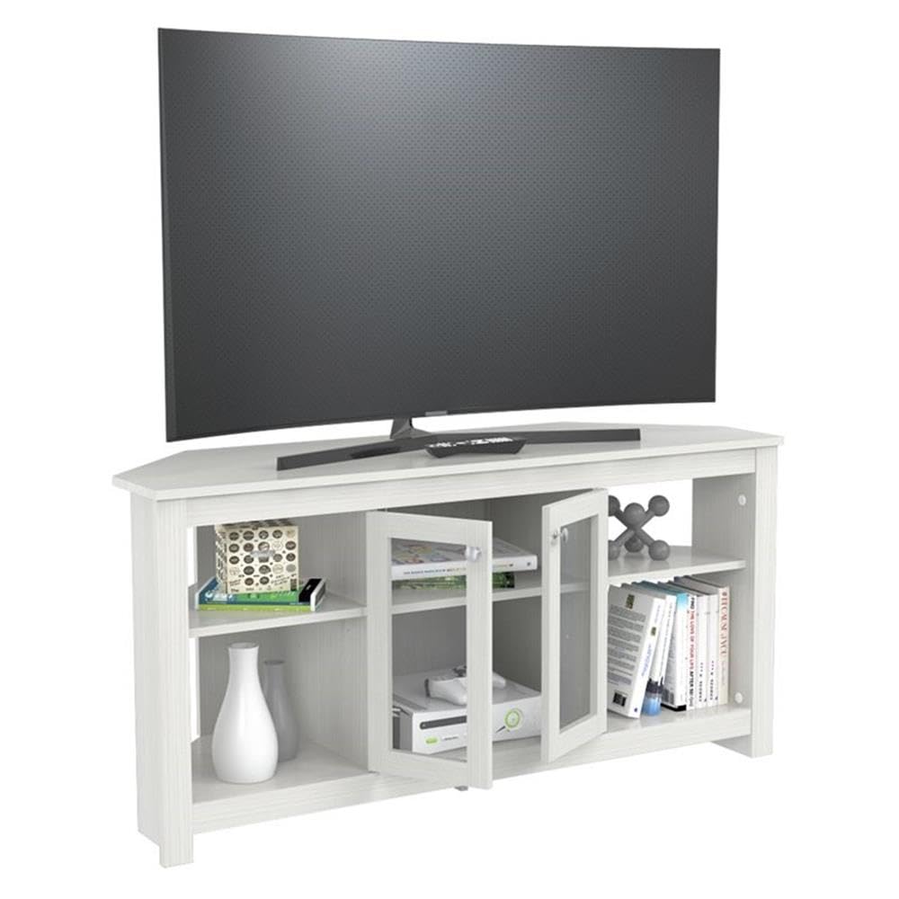 Inval, Adjustable Storage Shelves, Washed Oak Corner Stand for Flat Screen TVs Up to 60β, Entertainment Center with Glass Doors