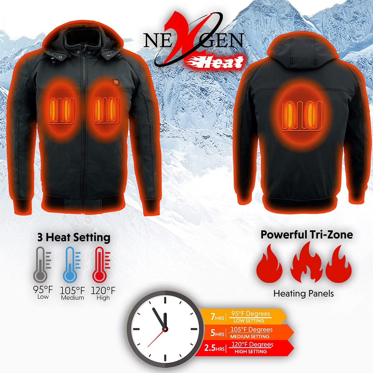 Nexgen Heat MPM1761SET Men’s Black 'Heated' Soft Shell Racing Style Motorcycle Heated Jacket for Riding w/Battery - Large