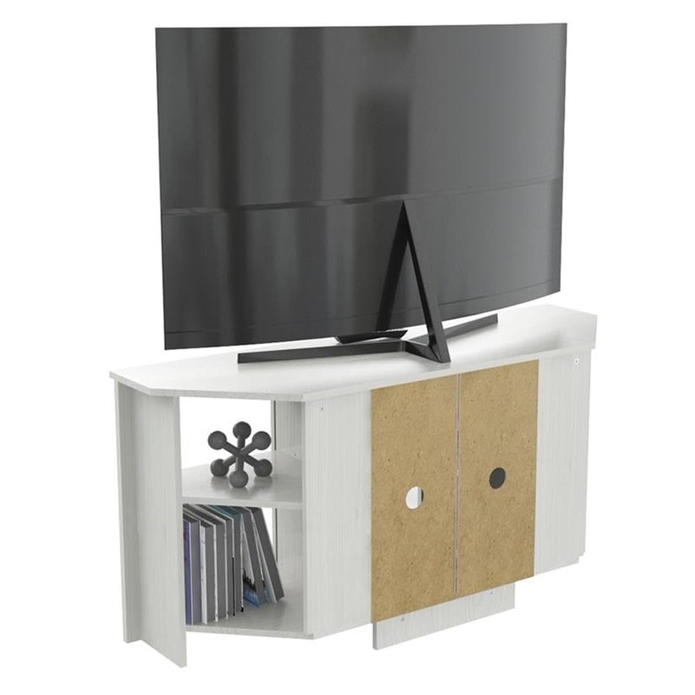 Inval, Adjustable Storage Shelves, Washed Oak Corner Stand for Flat Screen TVs Up to 60β, Entertainment Center with Glass Doors