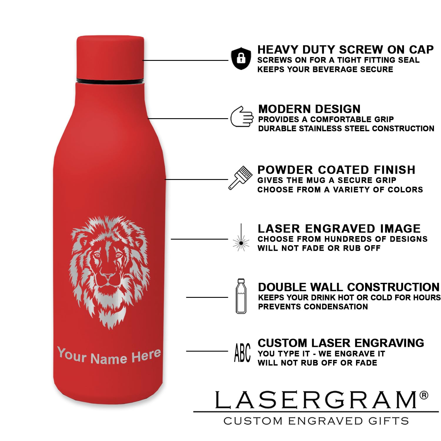 LaserGram Double Wall Stainless Steel Water Bottle, Ladybug, Personalized Engraving Included (Red)