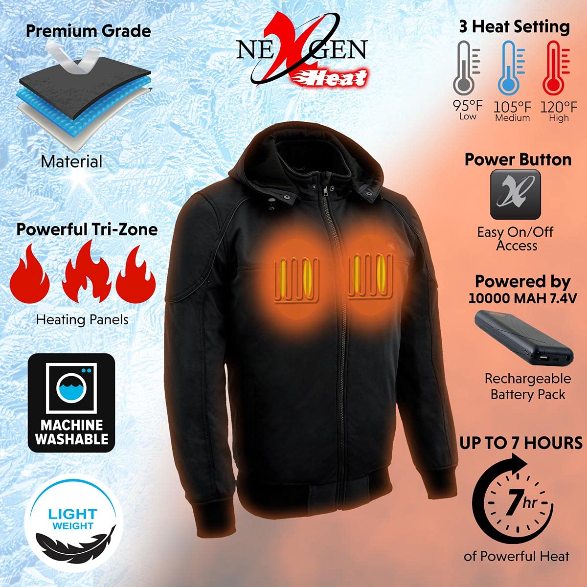 Nexgen Heat MPM1761SET Men’s Black 'Heated' Soft Shell Racing Style Motorcycle Heated Jacket for Riding w/Battery - Large