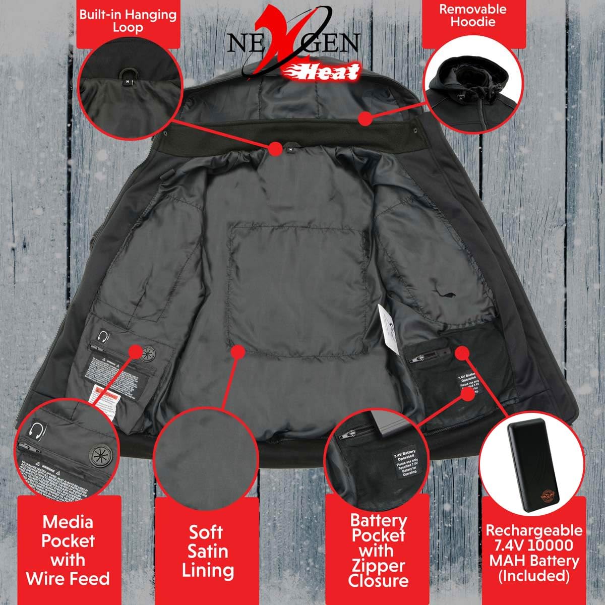 Nexgen Heat MPM1761SET Men’s Black 'Heated' Soft Shell Racing Style Motorcycle Heated Jacket for Riding w/Battery - Large
