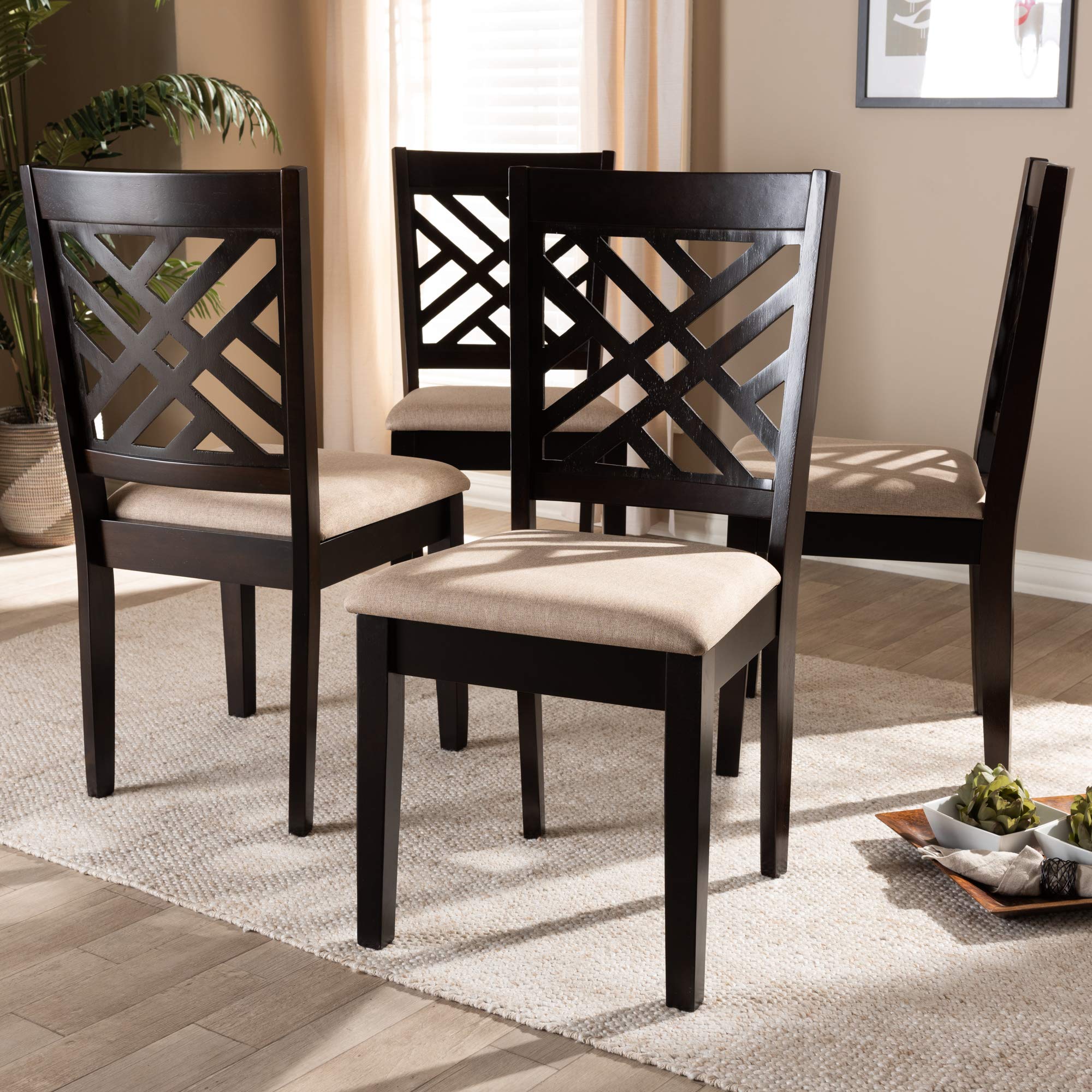 Baxton Studio Caron Dining Chair and Dining Chair Sand Fabric Upholstered Espresso Brown Finished Wood Dining Chair