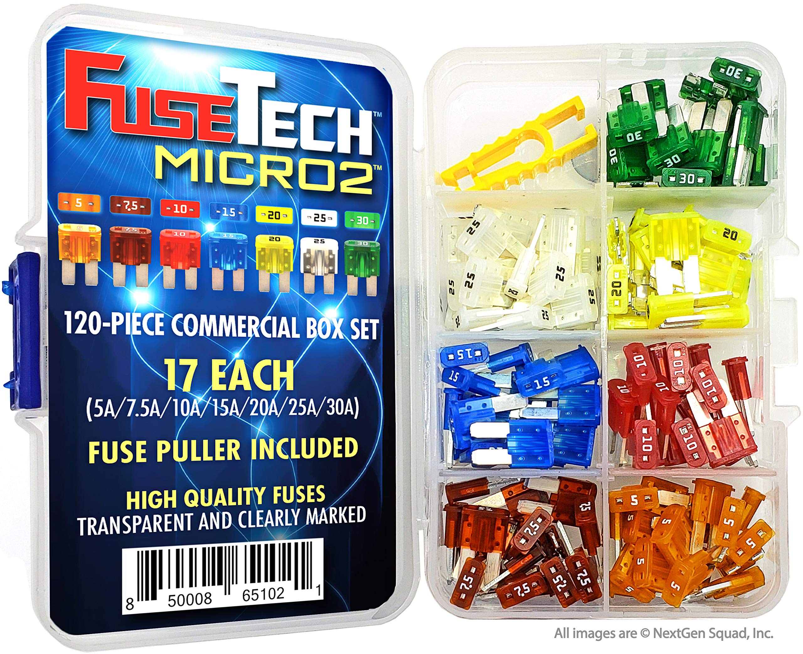 FuseTech Micro2 APT ATR 120 Piece Automotive Commercial Car Fuse Assortment (119 Blade Fuses + Fuse Puller) 5A 7.5A 10A 15A 20A 25A 30A