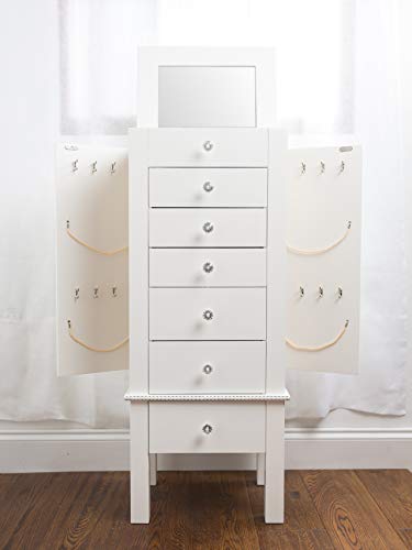 Alveare Home Helena Standing Jewelry Armoire – Elegant Storage with 6 Drawers, Jewel Knobs, Mirror, Ring Rolls, Necklace Hooks & Cord Management – White Finish