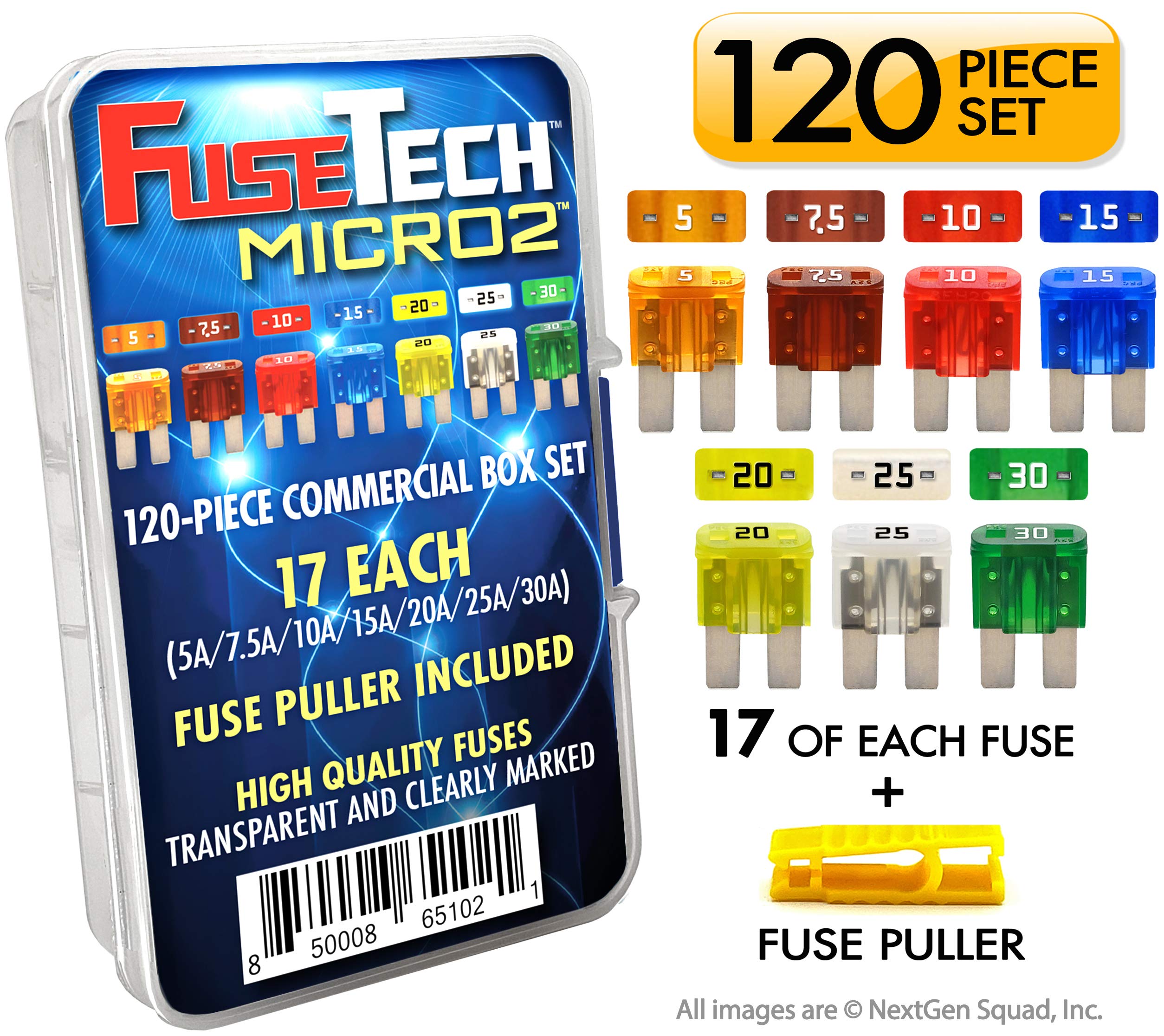 FuseTech Micro2 APT ATR 120 Piece Automotive Commercial Car Fuse Assortment (119 Blade Fuses + Fuse Puller) 5A 7.5A 10A 15A 20A 25A 30A