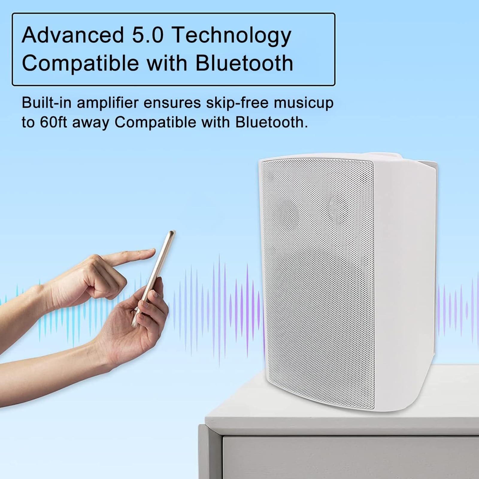 Herdio 5.25 Inch 300 Watts Indoor Outdoor Bluetooth Speakers Waterproof Wall Mount Speakers Wired System All Weather Resistant for Patio Porch Home Theather Backyard(White)