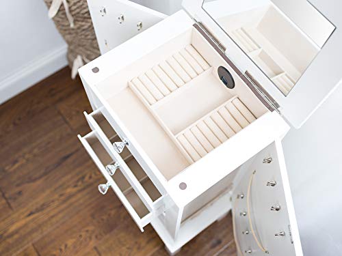 Alveare Home Helena Standing Jewelry Armoire – Elegant Storage with 6 Drawers, Jewel Knobs, Mirror, Ring Rolls, Necklace Hooks & Cord Management – White Finish
