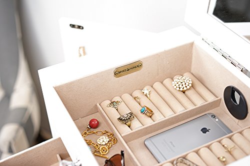 Alveare Home Helena Standing Jewelry Armoire – Elegant Storage with 6 Drawers, Jewel Knobs, Mirror, Ring Rolls, Necklace Hooks & Cord Management – White Finish