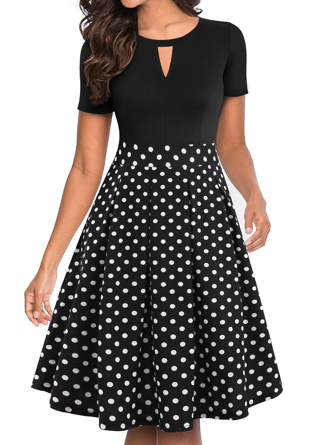 YATHON Women's Business Retro 50s Black Polka Dot Pockets Swing Casual Dresses Keyhole Cutout Fit and Flare Dress for Summer Party Holiday (XL, YT018-Black Dot)