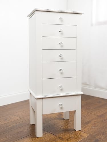 Alveare Home Helena Standing Jewelry Armoire – Elegant Storage with 6 Drawers, Jewel Knobs, Mirror, Ring Rolls, Necklace Hooks & Cord Management – White Finish