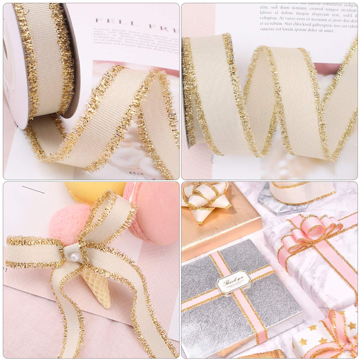 Christmas White Glitter Grosgrain Ribbon with Gold Trim,DIY Grosgrain Fringe Ribbon for Gift Crafts Wedding Party Birthday Wrap Hair Bows Floral Projects Wrapping Decorations 1.6cmx5m (1 Roll)
