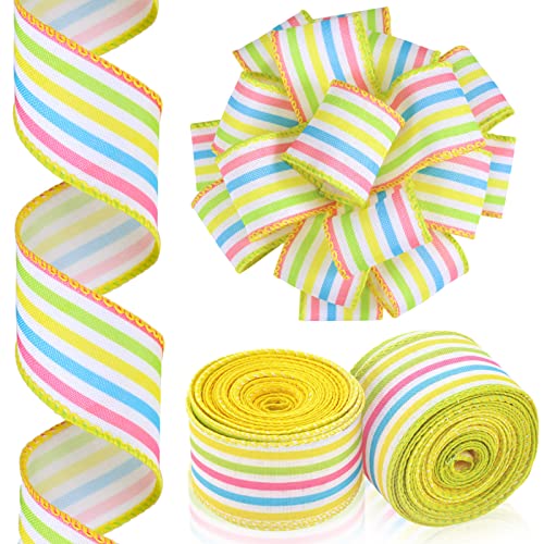 20 Yard Spring Ribbon Easter Stripe Wired Ribbon Burlap Pastel Stripe Ribbon Pink Lime Yellow White Blue 2 Rolls for Spring DIY Craft Baby Shower Gender Reveal Easter Holiday Decoration (1.5'')