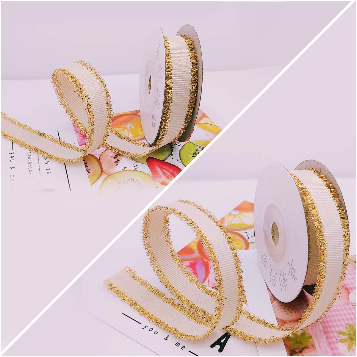 Christmas White Glitter Grosgrain Ribbon with Gold Trim,DIY Grosgrain Fringe Ribbon for Gift Crafts Wedding Party Birthday Wrap Hair Bows Floral Projects Wrapping Decorations 1.6cmx5m (1 Roll)