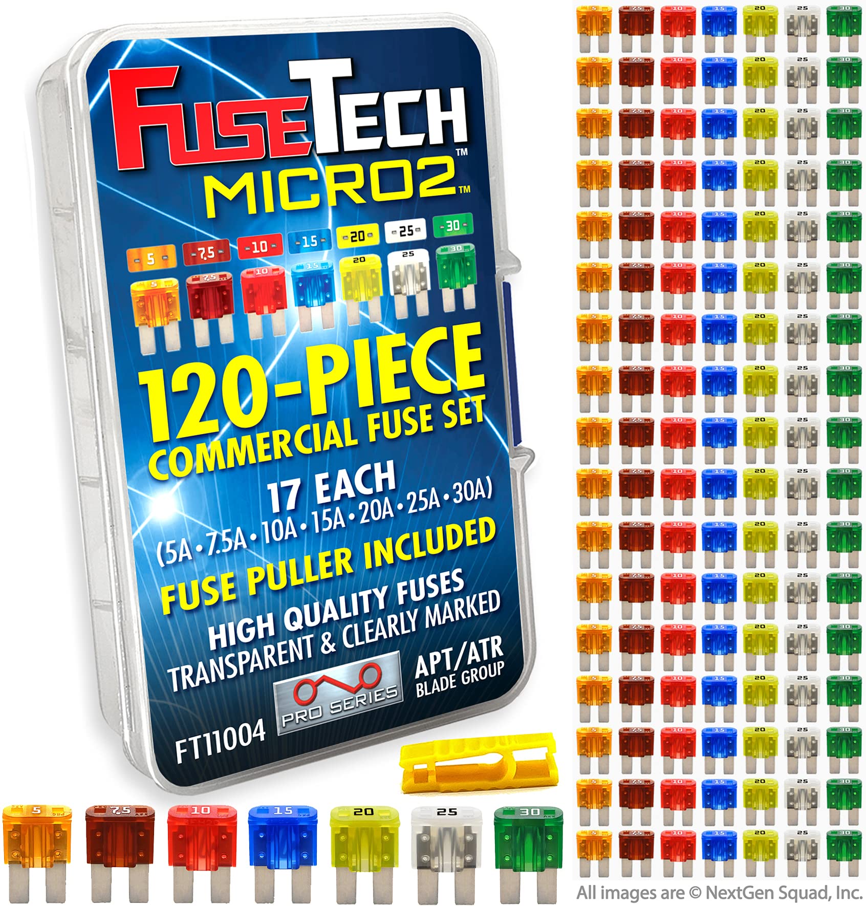 FuseTech Micro2 APT ATR 120 Piece Automotive Commercial Car Fuse Assortment (119 Blade Fuses + Fuse Puller) 5A 7.5A 10A 15A 20A 25A 30A