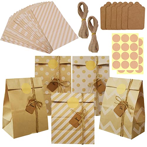 dervea Party Favor 30-Pack Gift Bags, Small Brown Paper Tags Stickers Jute String Set, Cute Kraft Cookie Candy Goodie bag for Birthday Baby Shower Christmas Party Thank You Gifts Bag